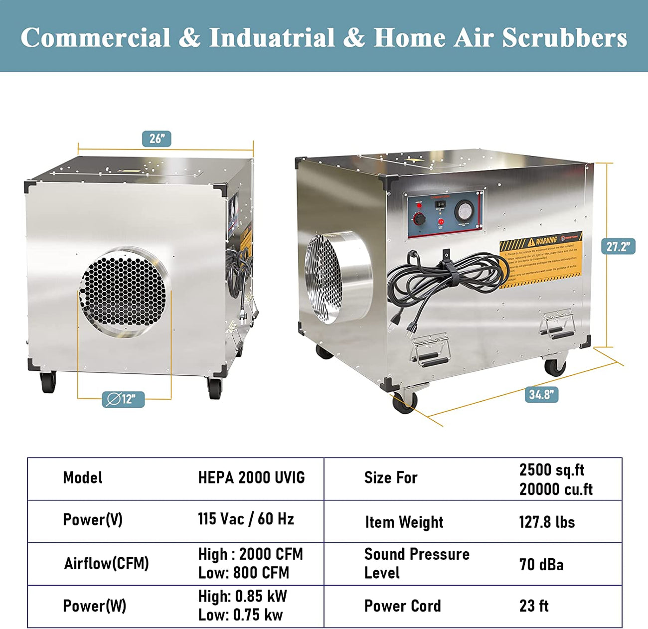 Abestorm 2000 CFM Commercial Air Scrubber with UV-C and HEPA